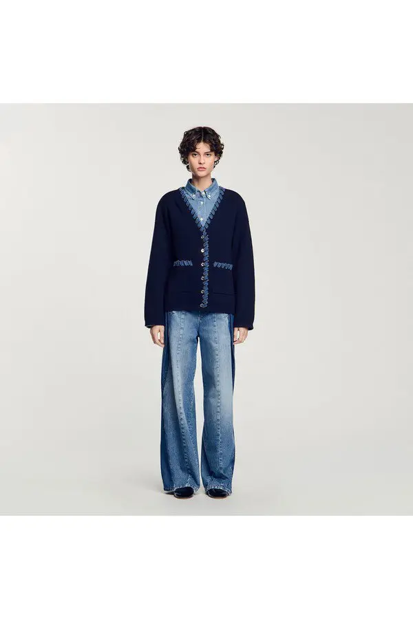 Sandro Cardigan With Denim Trim In Blue / Navy - 40% Off